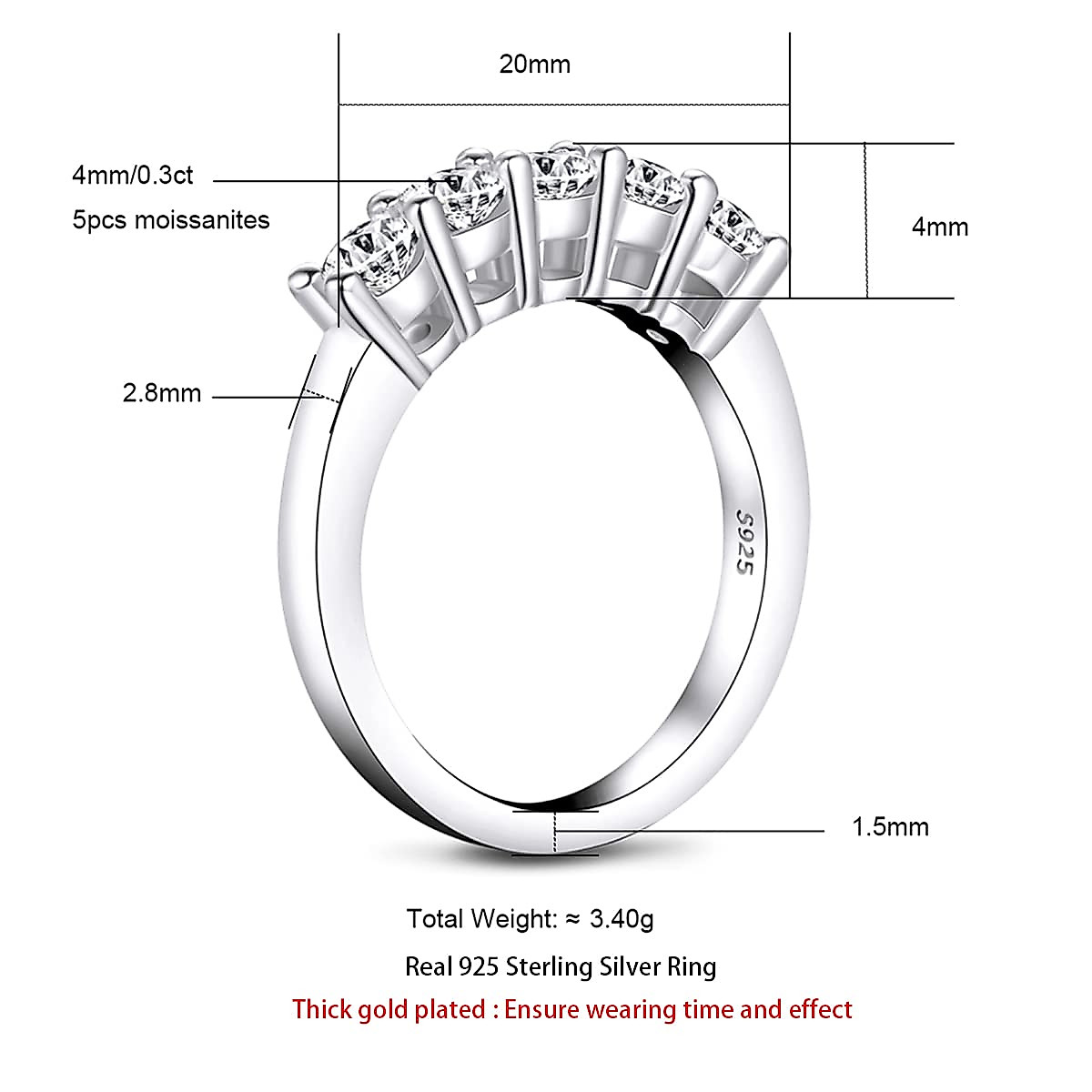 AnuClub 5 Stone Moissanite Ring 1.5cttw D Color Lab Diamond Gold Plated Silver Half Eternity Anniversary Wedding Band Ring With Certificate