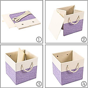 PRANDOM Large Foldable Cube Storage Bins 13x13 inch [4-Pack] Fabric Linen Storage Baskets Cubes Drawer with Cotton Handles Organizer for Shelves Nursery Closet Bedroom Purple