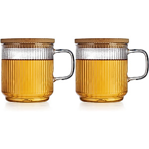 Glaver's Coffee Mug with Lid Borosillcate Glass Set of 2, 12 oz Ribbed Tea Cup With Bamboo Lid and or Coaster 2in1. For Espresso, Mocha, Cappuccino.