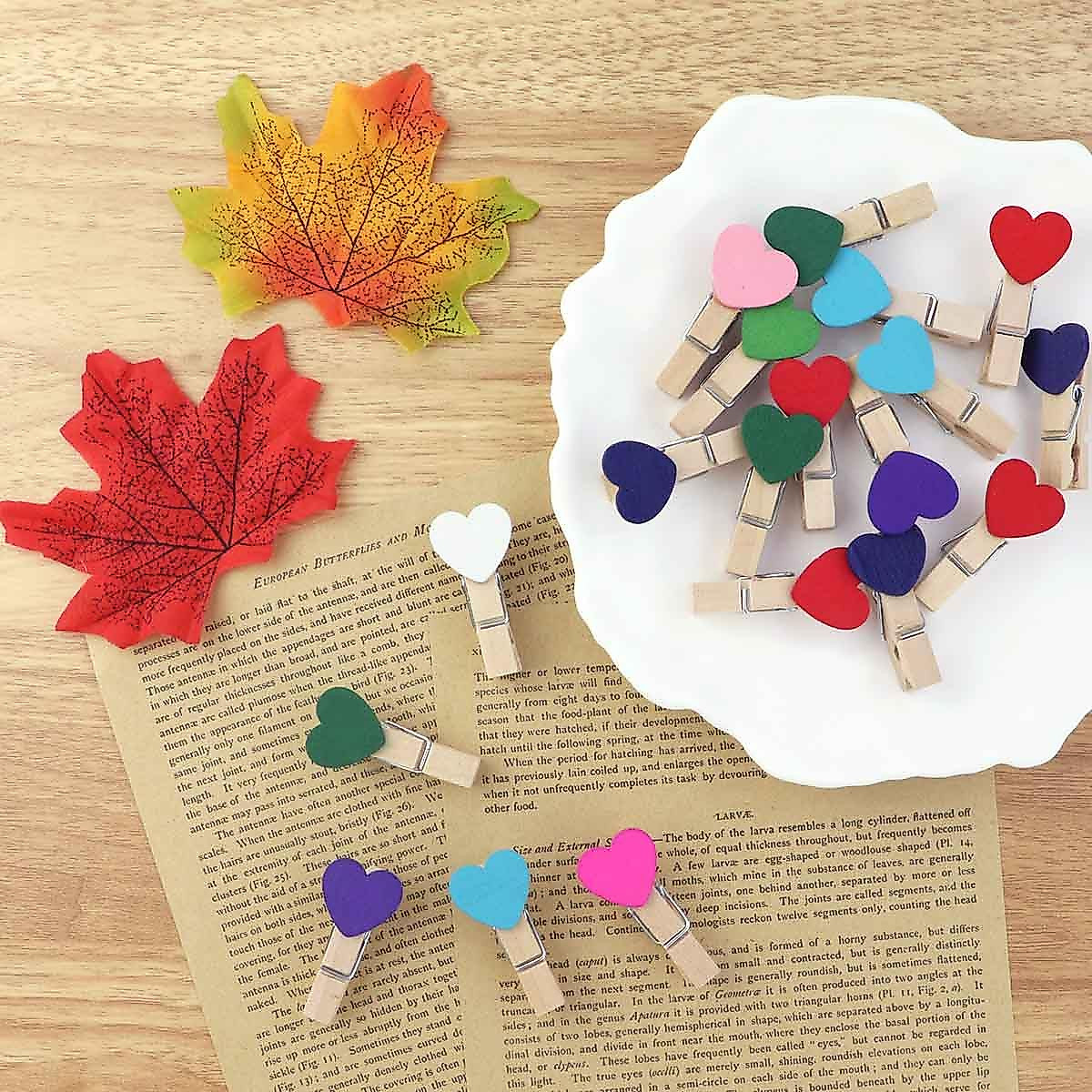80 Pieces Wooden Heart Clothespins Mini Heart Photo Clips Colorful Small Clothes Pins for Crafts Picture Paper Hanging Natural Wooden Clothespins with Jute Twine for Wedding Party Photos Display
