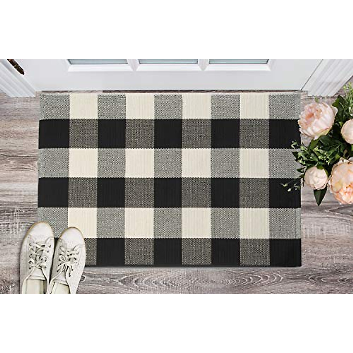 Buffalo Plaid Checkered Rug by SGallerie - Black & White Washable Woven Mat - Decoration for Indoor & Outdoor - Decor for Entryway, Patio, Kitchen, Bedroom, Bathroom and Dining Room