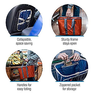 CleverMade SnapBasket Reusable Grocery Shopping Bags with Reinforced Bottom and Zippered Storage Pocket, Collapsible Durable Premium Utility Totes, 20L Size, Orange/Charcoal, 3 Pack