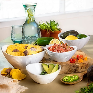 Euro Ceramica Highlands 3 Piece Porcelain Serving Bowls Set, Modern Chevron Texture, White - 40oz, 36oz, and 10oz, Chip Resistant - Nesting - Perfect for salads fruits dips