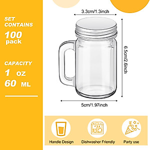 Mifoci 100 Pieces 1 oz Mini Mason Jar Drinking Glasses with Lids Mason Jar Cups Mason Jar Mugs with Handles Mason Jar Shot Glasses Set for Home Picnic Party