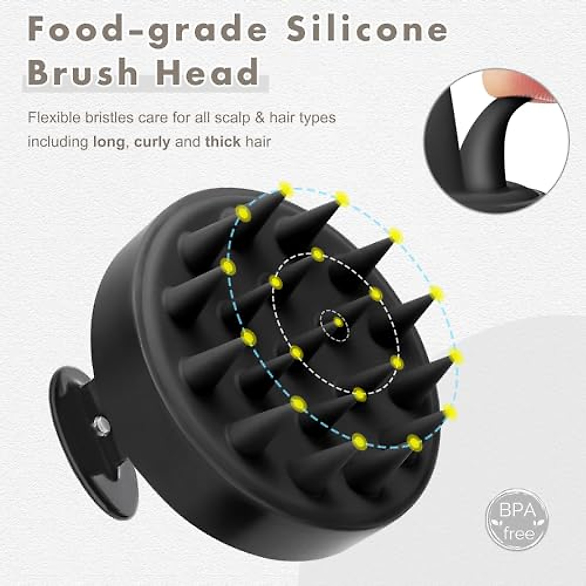 FREATECH Scalp Massager Hair Growth, Scalp Scrubber with Soft Silicone Bristles for Dandruff and Hair Care, Shampoo Brush Hair Massager Scalp Exfoliator for Wet & Dry, Long Curly Thick Hair, Black