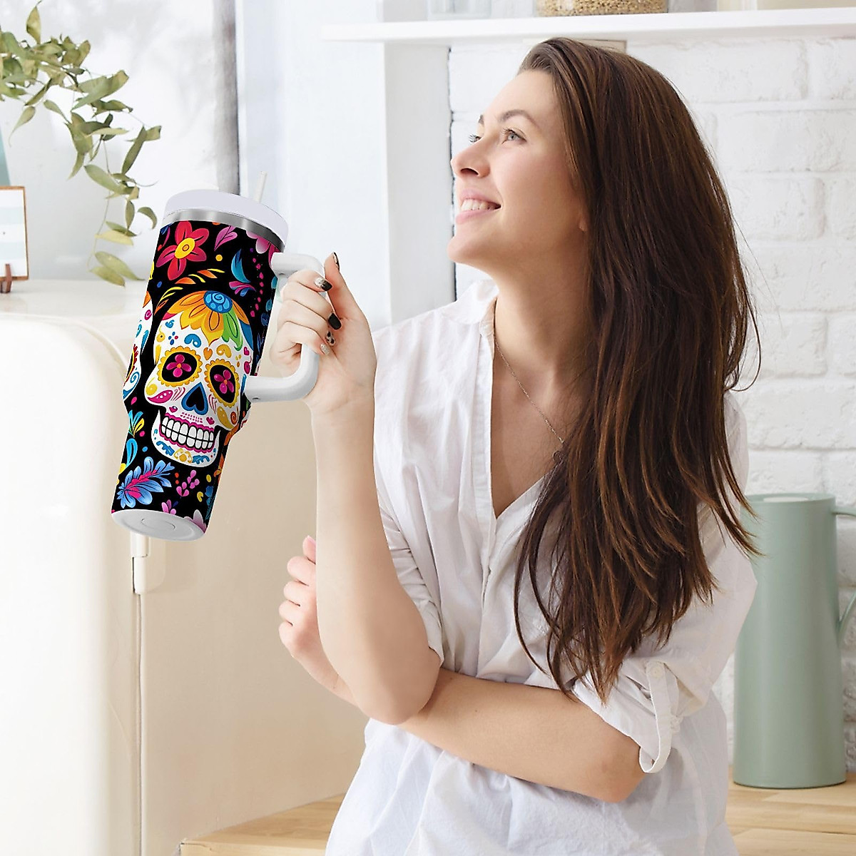 ALAZA Sugar Skull Day Of Dead 40 oz Tumbler Stainless Steel Water Bottle Vacuum Insulated Cup with Straw Lid & Handle For Travel Car Cup Holder