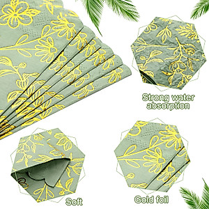 100 Pieces 2 Ply Sage Green Napkins Disposable Gold Foil Floral Paper Napkins Cocktail Napkins Scalloped Napkin for Dinner Wedding Bridal Shower Birthday Party Supplies Decoration, 5 x 5 Inch