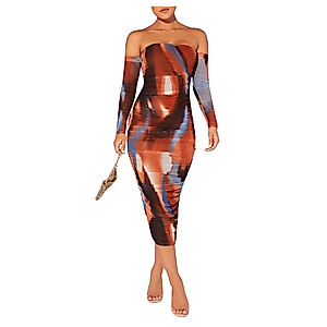 GORGLITTER Women's Tie Dye Bodycon Dress Off The Shoulder Ruched Long Sleeve Midi Dresses Multicolor Large