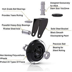 Office Chair Wheels for IKEA Chairs,10mm stem Caster, 3 Inch Heavy Duty Replacement Rubber Chair Casters, Quiet & Smooth Rolling for IKEA Casters, Protection for Hardwood Floors or Carpet