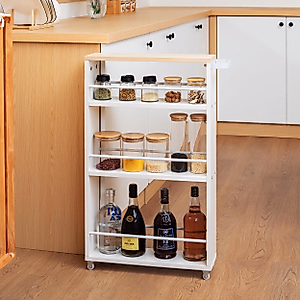 PrimeZone 4 Tier Slim Storage Cart - 18.5"W x 5"D x 31"H Narrow Rolling Utility Storage Cart with Handle & Wheels, Slide Out Mobile Shelving Unit Organizer for Small Spaces, Kitchen, Laundry, White