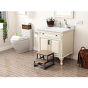 Step Stools for Adults Kids, Heavy Duty Wooden Step Stool for High Bed Kitchen Bathroom - Holds Up to 500 Lb by RORKEE, Wide, Metal, Industrial Design(Dark Walnut)