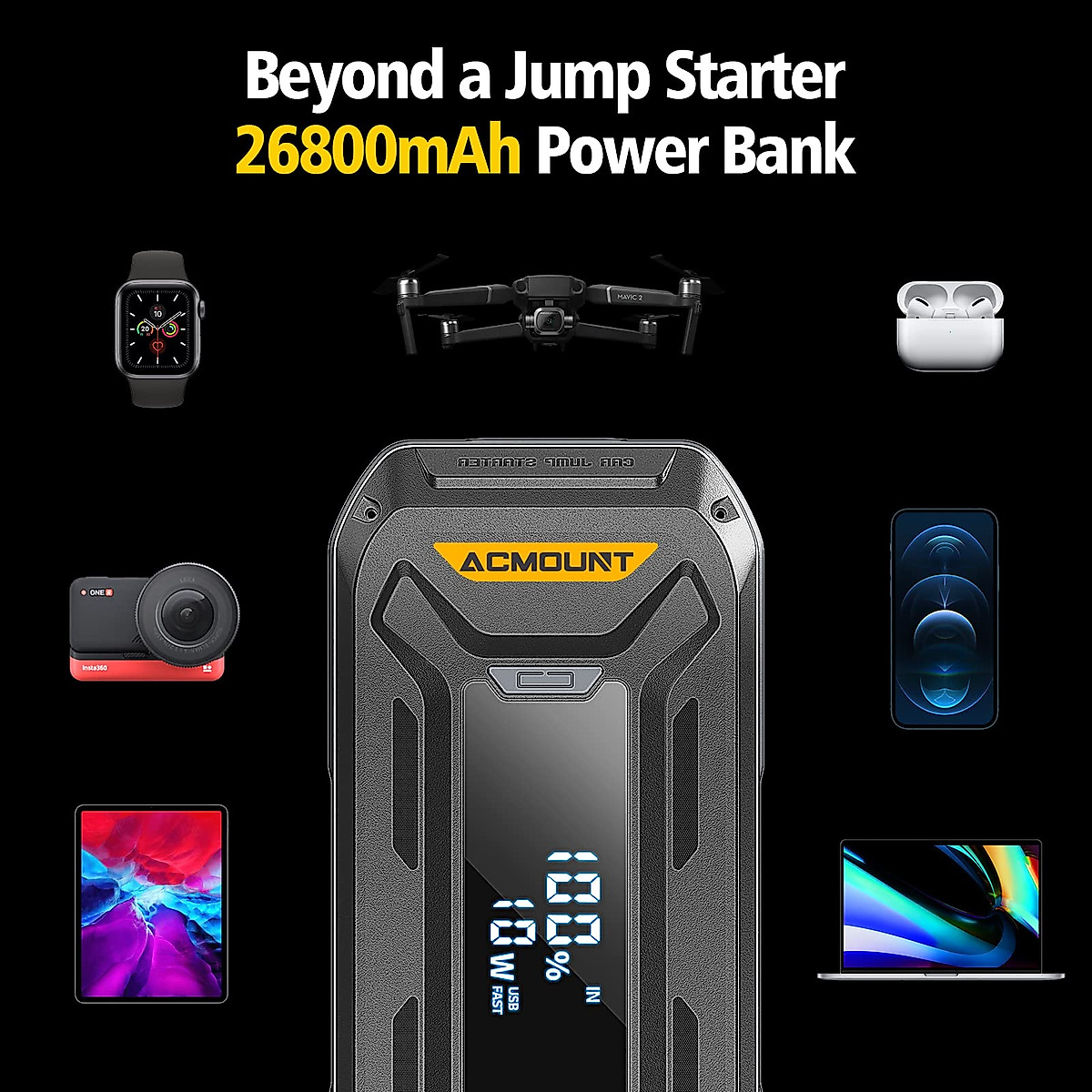 Acmount Car Jump Starter, 5000A Peak Jump Starter Battery Pack(All Gas & 10.0L Diesel Engine), 12V Portable Battery Charger Jump Starter with 3” LCD Display, USB Quick Charge and LED Light