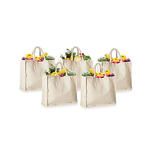 HOMELY CONNECT 5 Pack Canvas Grocery Shopping Bags, Reusable Grocery Bags Heavy Duty, Reusable Shopping Bags for Groceries, Canvas Grocery Bags, Washable, Foldable, 16.5 x 13 x 7 inches