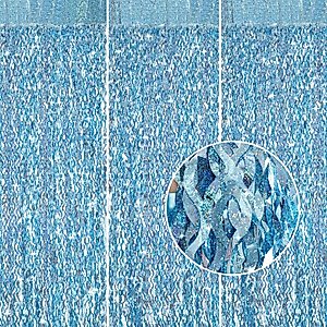 CYLMFC 3 Pack 3.3 ft x 6.6 ft Tinsel Foil Fringe Curtain Blue - Foil Fringe Backdrop Wall Curtains for Baby Shower,Mermaid,Under The Sea,Ocean,Frozen Party Decorations