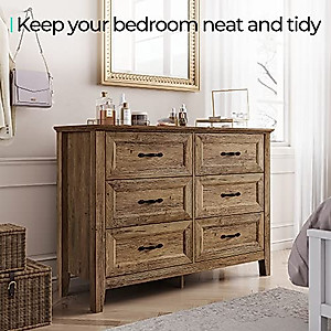 LINSY HOME Dresser for Bedroom, Long Dresser with 6 Drawers, Wood Chest of Drawers with Metal Handles, Ideal for Living Room, Entryway and Hallway