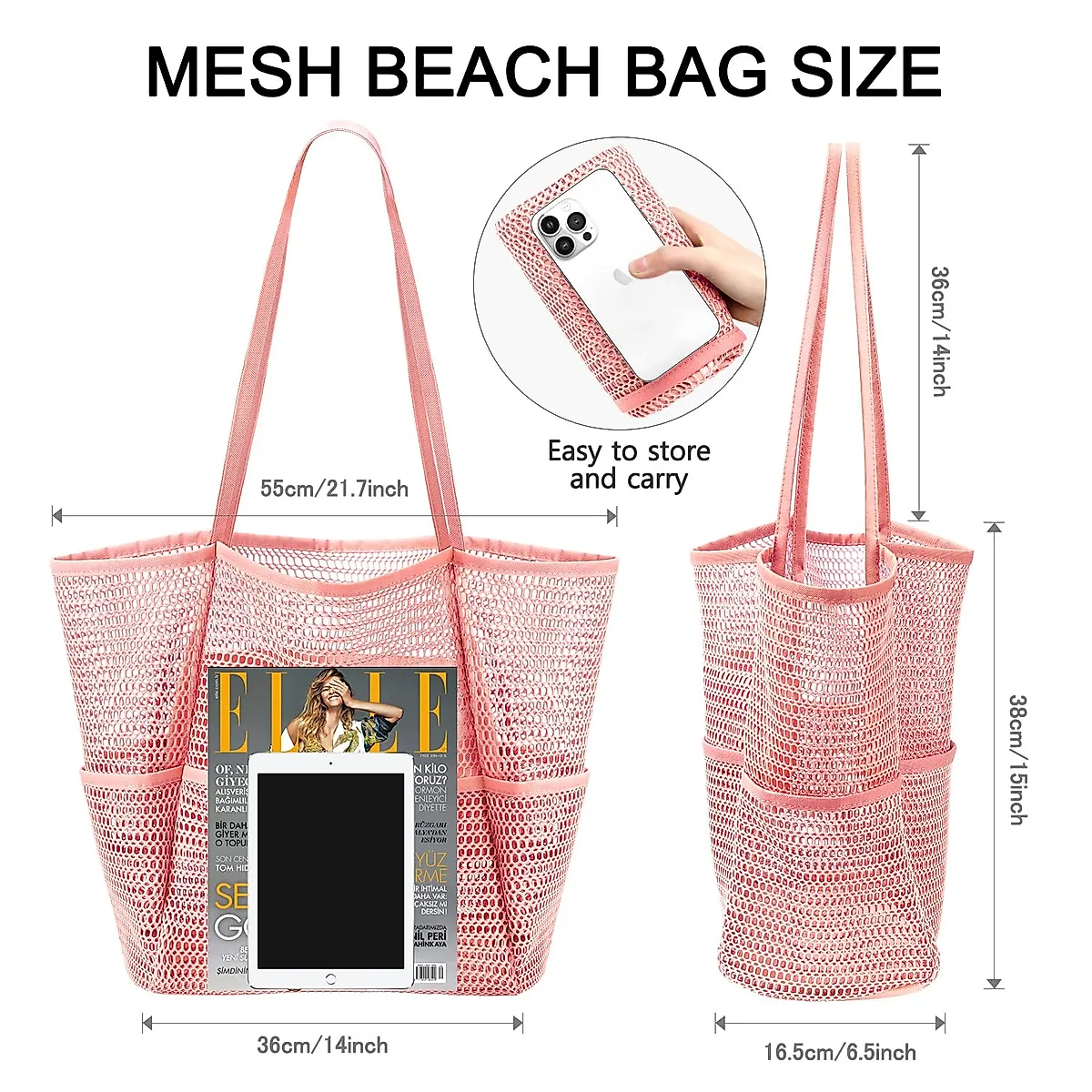 Ayieyill Mesh Beach Tote Large Bag Womens Shoulder Handbag with Multiple Pockets for Women Family Beach Pool Swimming Travel Vacation (M/Pink)
