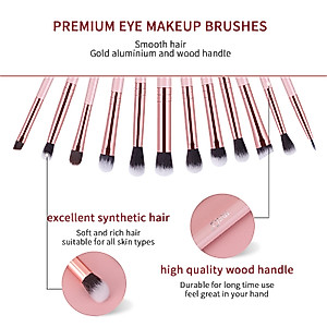 MSQ Eye Makeup Brushes Set with Soft Synthetic Hairs & Real Wood Handle for Eyeshadow, Eyebrow, Eyeliner, Blending (Pink), 12pcs