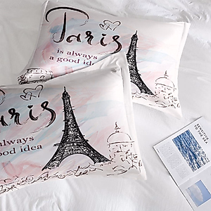 Nesphy Pink Paris Comforter Set for Boy Girl Children Teens Twin, Modern French Style Romantic Theme Bedding Sets Water Washed Microfiber Bedding with 1 Comforter 1 Pillowcase All Season