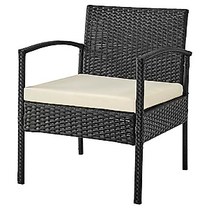 Manhattan Comfort Noli 4-Piece Patio Conversation Set, Outdoor Furniture Made of Steel Rattan | Includes 2 Modern Armchairs, Loveseat, Tempered Glass Coffee Table, Removable Waterproof Cushions, Cream