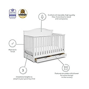 Storkcraft Moss 5-in-1 Convertible Crib with Drawer (White) – GREENGUARD Gold Certified, Crib with Drawer Combo, Includes Full-Size Nursery Storage Drawer, Converts to Toddler Bed and Full-Size Bed