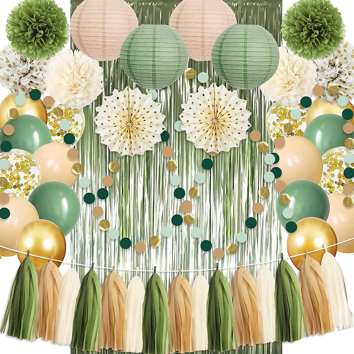 Sage Green Gold Party Decorations, 45Pcs Kit Balloons Paper Pompoms Tassel Garland Fringe Curtain for Wedding Bachelorette Baby Shower Birthday Party