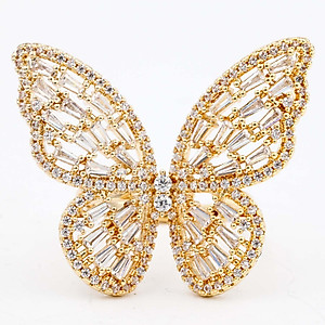 Lavencious Art Cocktail Butterfly Fashion Ring Size Adjustable from 6-8.5 Cubic Zirconia Jewelry for Women (Gold - Clear)