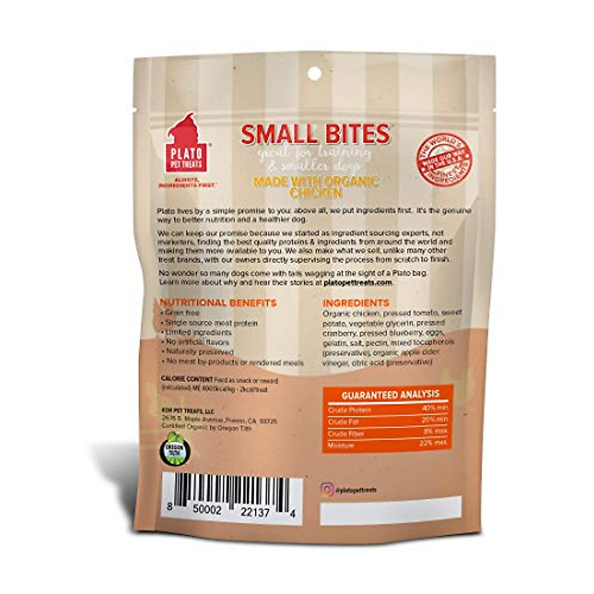 PLATO Small Bites Natural Training Dog Treats - Real Meat - Grain Free - Made in the USA - Organic Chicken Flavor, 6 ounces