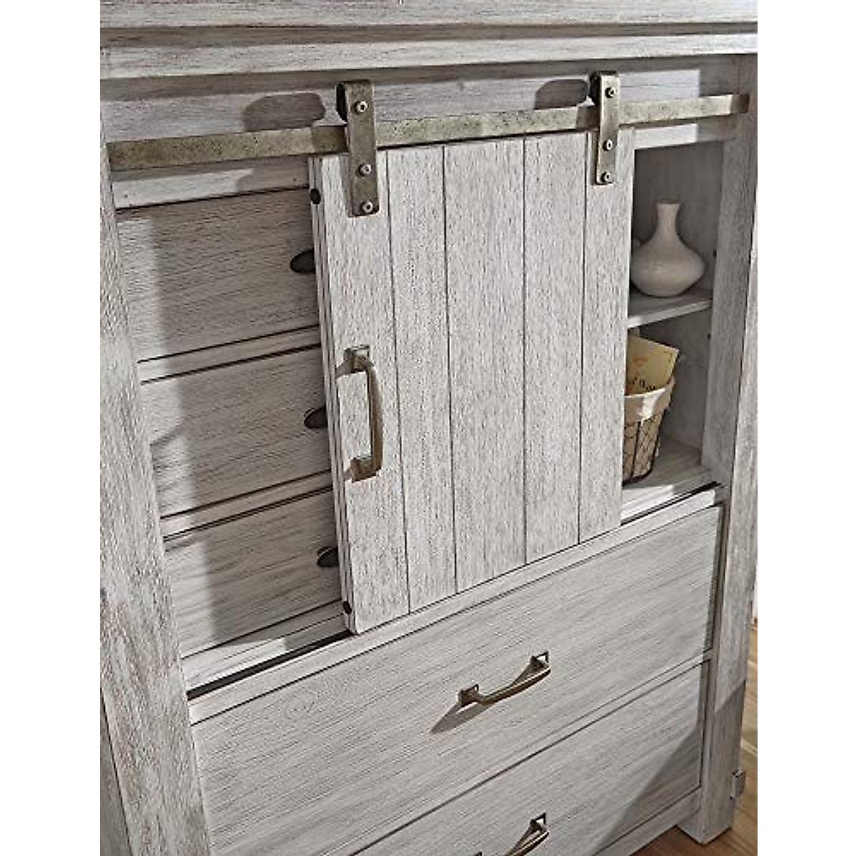 Signature Design by Ashley Brashland Farmhouse 5 Drawer Chest with Dovetail Construction & Sliding Barn Door Revealing Adjustable Shelf, Textured White
