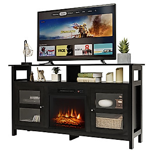 Tangkula Fireplace TV Stand for TVs up to 65 Inches, with 18 Inches 1400W 5,000 BTU Electric Fireplace with Built-in Thermostat, 6H Timer, Adjustable Flame & Heat, Remote Control (Black)