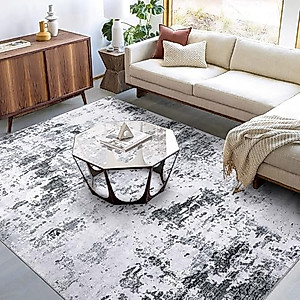 RUGSREAL Washable Area Rug 8x10 Modern Abstract Rug Non-Slip Non-Shedding Area Rug Low Pile Foldable Thin Carpet Machine Washable Rug for Living Room Bedroom, Grey