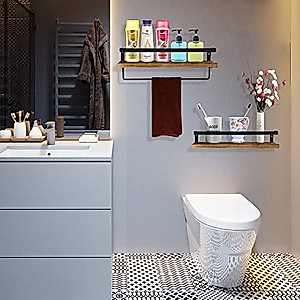 Normei Wood Floating Shelves Floating Shelves Wall Mounted Rustic Wood Shelves with Towel Holder for Bathroom, Kitchen, Set of 2 (Carbonized Black)