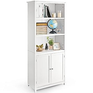 Tangkula Bookcase with Doors, 3 Tier Open Book Shelving, Standing Wooden Display Bookcase with Double Doors, Ideal for Home Bedroom, Living Room, Office, Library with Doors, White Finish (White)