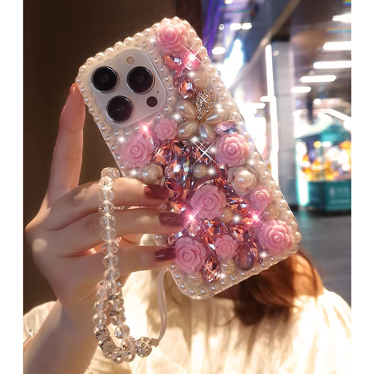 redecarie for Galaxy S9 Plus Case,Women Girls Luxury Fashionable Crystal Gemstone Roses Rhinestone Bling Glitter Diamond Bumper Clear Phone Cover with Wrist Strap for Samsung Galaxy S9 Plus