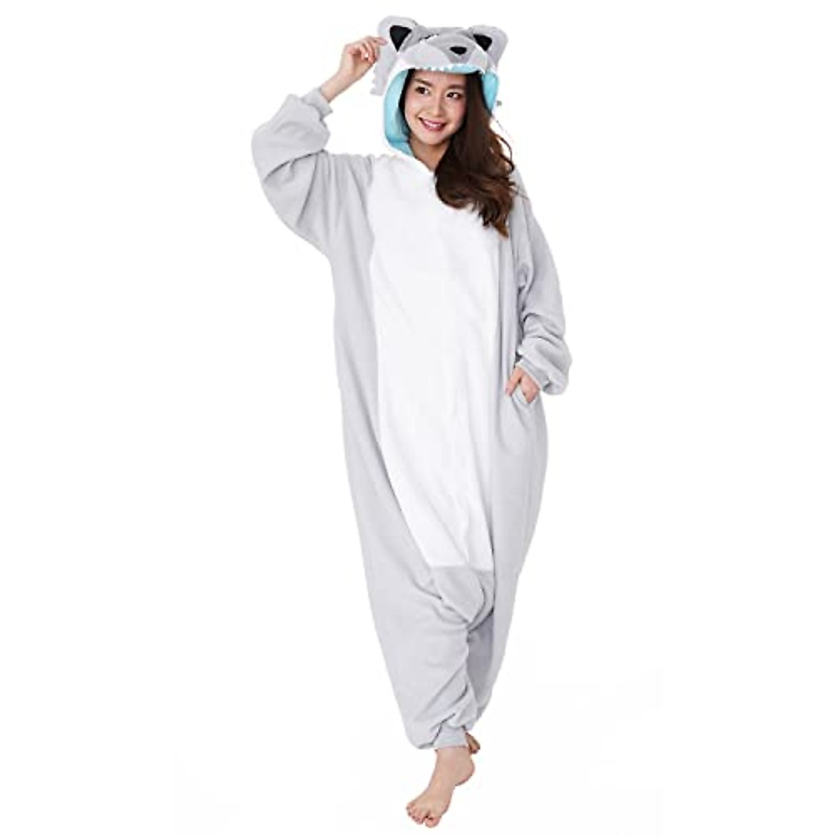 SAZAC Silver Wolf Kigurumi - Onesie Jumpsuit Halloween Costume (One Size)