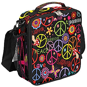 Pardick Love Peace Sign Lunch Bag for Girls Boys Peace Symbol Flower Kids Lunch Tote Bag with Shoulder Strap Kid Insulated Lunch Box Cute Cooler Handbag for School Daycare Picnic Travel Outdoor