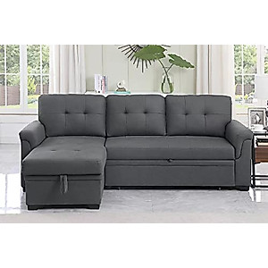Lilola Home Lucca Performance Artificial Leather L-Shaped Pull-Out Sleeper Sofa Sectional with Reversible Storage Chaise and Solid Wood Frame, Gray