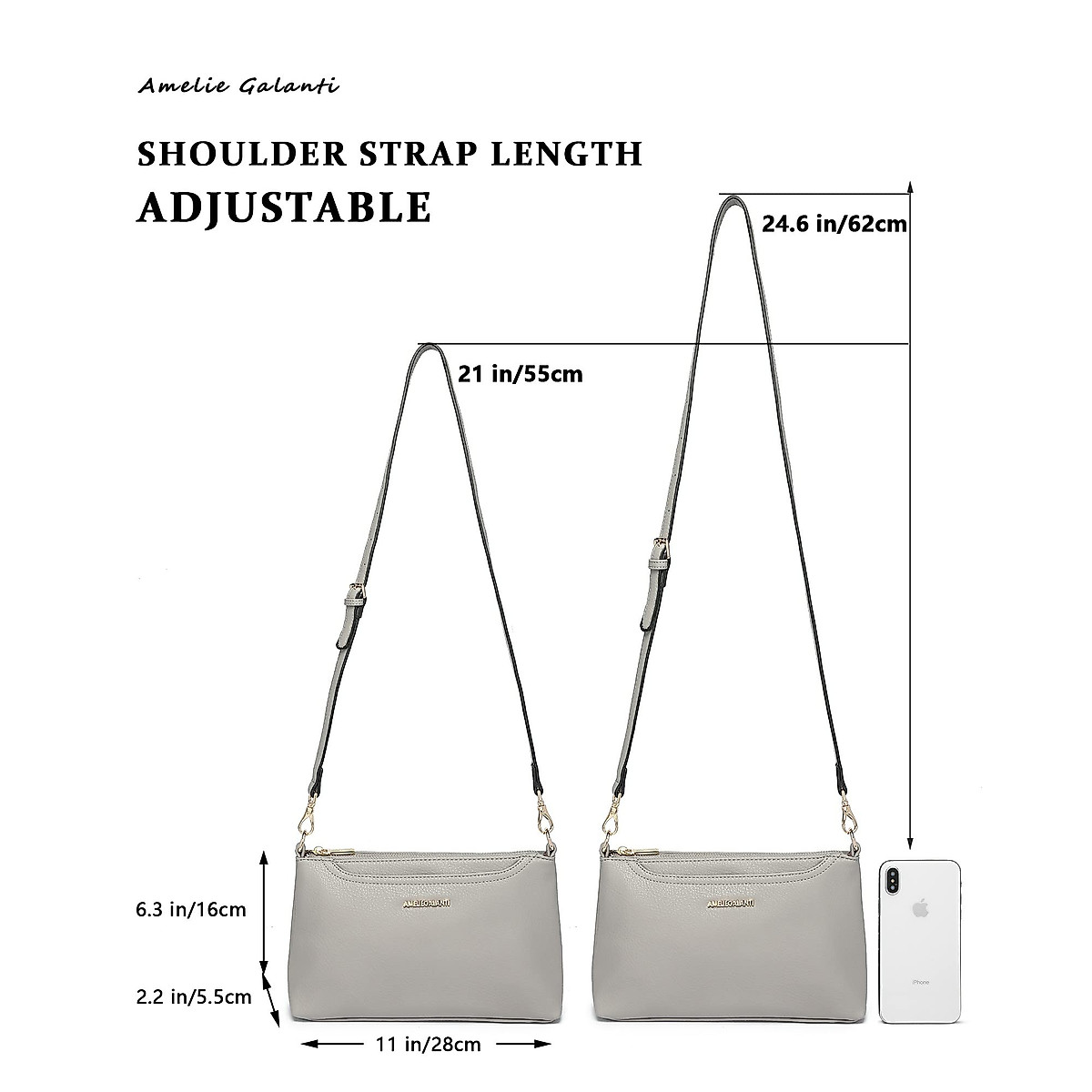 AMELIE GALANTI Small Medium Size Crossbody Bag purse for Women,leather Shoulder handbag with Adjustable Strap (GREY)