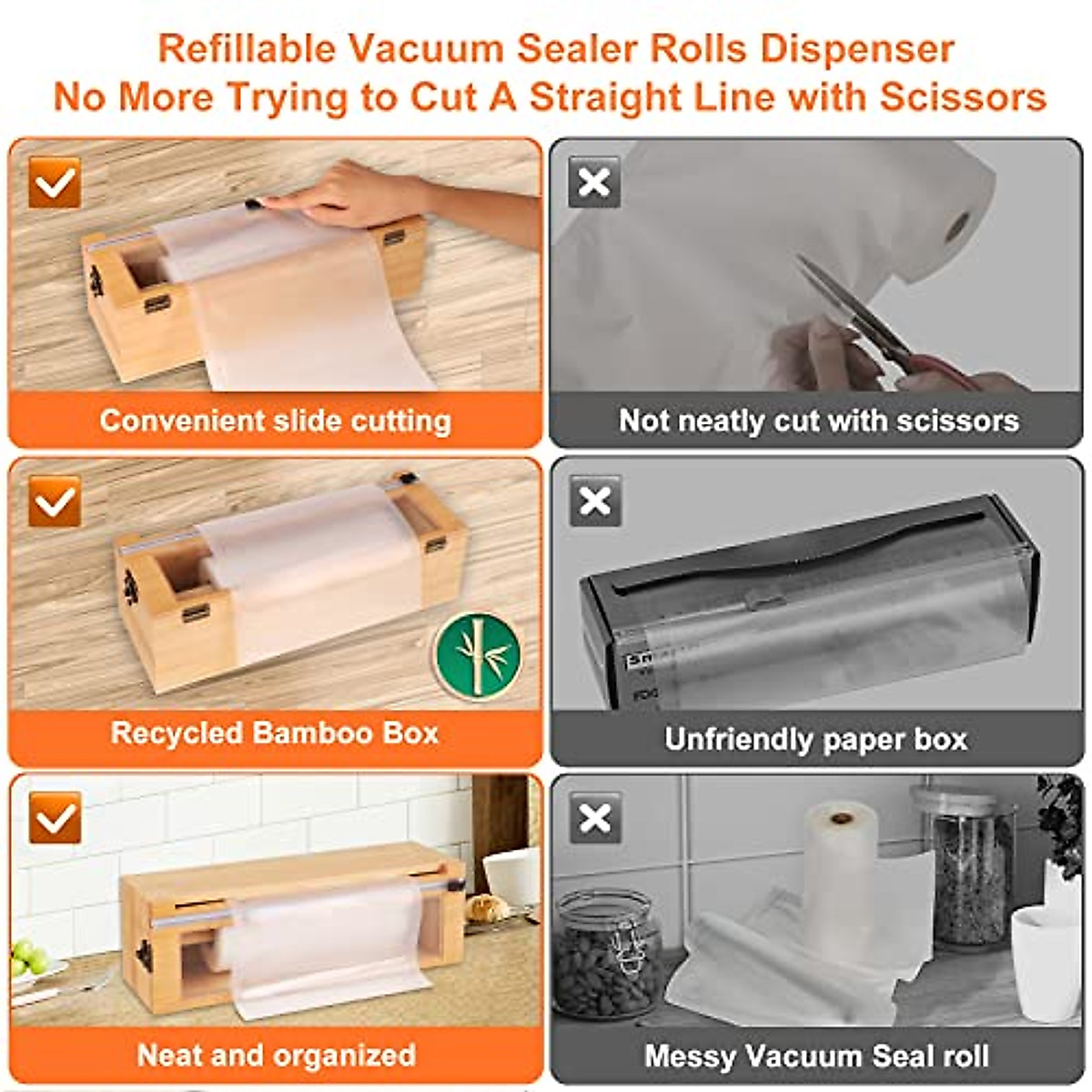 Reusable Vacuum Sealer Bags Dispenser, Rolls Keeper with Built-in Cutter, Come with 8'' x 50’ Rolls for Food Saver, Commercial Grade, BPA Free and Heavy Duty