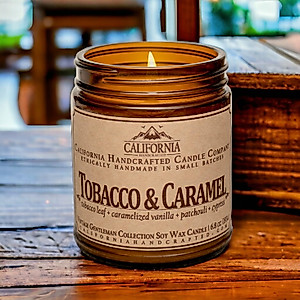 California Handcrafted Tobacco & Caramel Scented Soy Wax Candle for Men - Vintage Gentleman Collection - 9 oz Amber Glass Jar