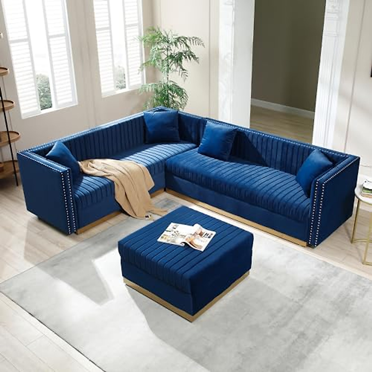 EMKK Modular Sectional Couch L Shaped Sofa with Ottoman,4 Pillows,Vertical Channel Tufted Velvet Sofá w/Wide Chaises,Upholstered Corner Sofa&Couch for Living Room Apartment, E-Blue