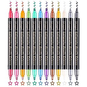 Sunshilor Calligraphy Metallic Marker Pens Dual Tip Chisel and Medium Point Pens for Black Paper, Rock Painting, Easter Egg, Halloween Pumpkin, Card Making, Metal, Ceramics, Wine Glass