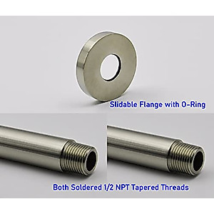 Aquaiaw Shower Arm and O-Ring Flange, 3 inch, Solid Brass, Round, Both Soldered 1/2 NPT Tapered Threads, Straight Shower Arm Extension, Ceiling Shower Head Arm for Rainfall Shower (PVD Brushed Nickel)