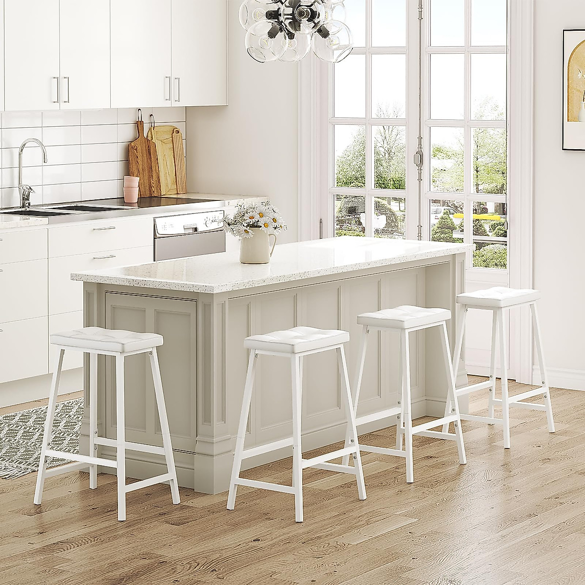 MAHANCRIS Bar Stools, Set of 2 PU Upholstered BarStools, 23.6-Inches Bar Chairs, Counter Height Bar Stools for Kitchen, Dining Room, Bar, Easy Assembly, White BABW04R01