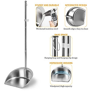 Broom and Dustpan Set with Long Handle, Heavy Duty Broom with Dustpan Combo Set, Windproof Upright Stainless Steel Dust Pan with Kitchen Brooms for Home Office Lobby Indoor Outdoor Use, Brown