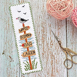 Beach Signs Cross Stitch Bookmark - Coastal Wood Signs Embroidery Set with Paper Pattern, 16 Count Aida Cloth and Pre-Sorted Floss