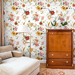 VEELIKE 17.7''x118'' Peel and Stick Wallpaper Vintage Pink/Red/Yellow Bouquet Floral Wallpaper Removable Self Adhesive Vinyl Decorative Contact Paper for Bedroom Bathroom Walls Cabinets