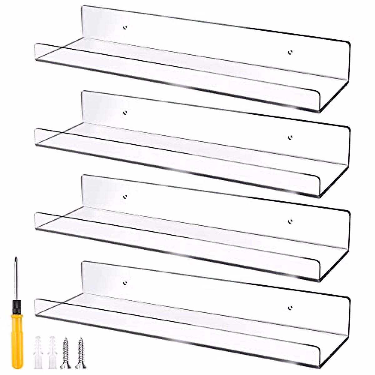 Dulinkas 15-Inch 4 Pcs Floating Shelves Clear Acrylic Shelves Invisible Floating Wall Ledge Bookshelf 5MM Thick Premium Book Display Shelves Wall Mounted Bathroom Kitchen Organizer