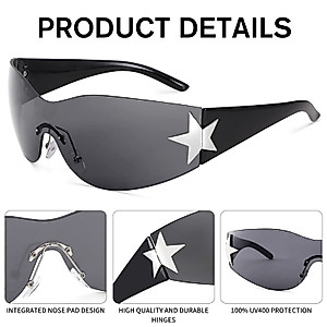 COASION Rimless 2000s Wrap Around Star Sunglasses Women Men Visor Shield Shades Oversized Fashion Frameless Sun Glasses (Black)
