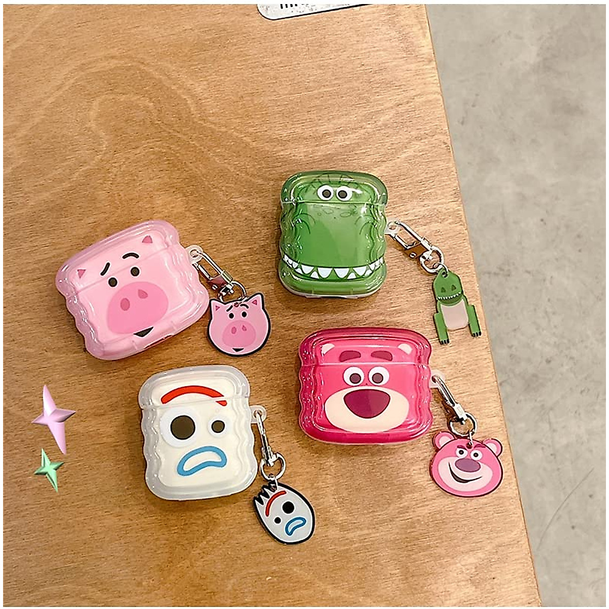 Soft TPU Clear Case with Charm Keychain Hook for Apple AirPod Disney Anime Cartoon Lotso Huggin Teddy Rex Hamm Forky Cute Lovely Adorable Kids Girls (Green Dinosaur for AirPods Pro)