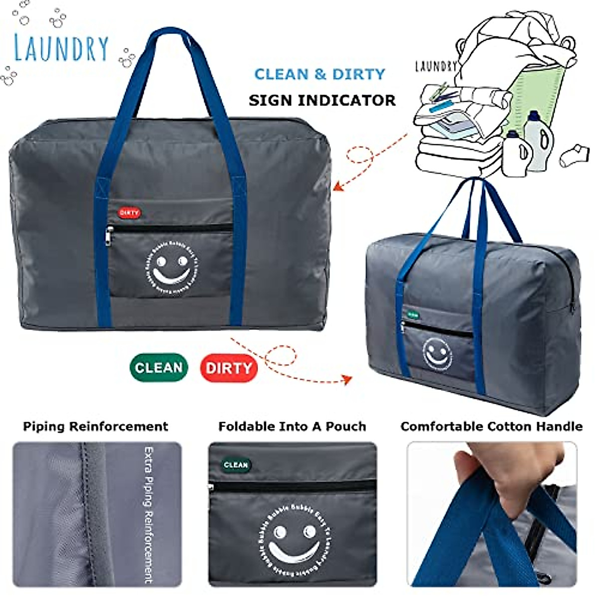 BUBBLE Traveling Laundry Bag, Camp Laundry Bags With Strap, Large Laundry Bags for Travel, Dirty Clothes Bag, Washable Nylon Laundry Bag With Handles For Boys Girls College Students Heavy Duty